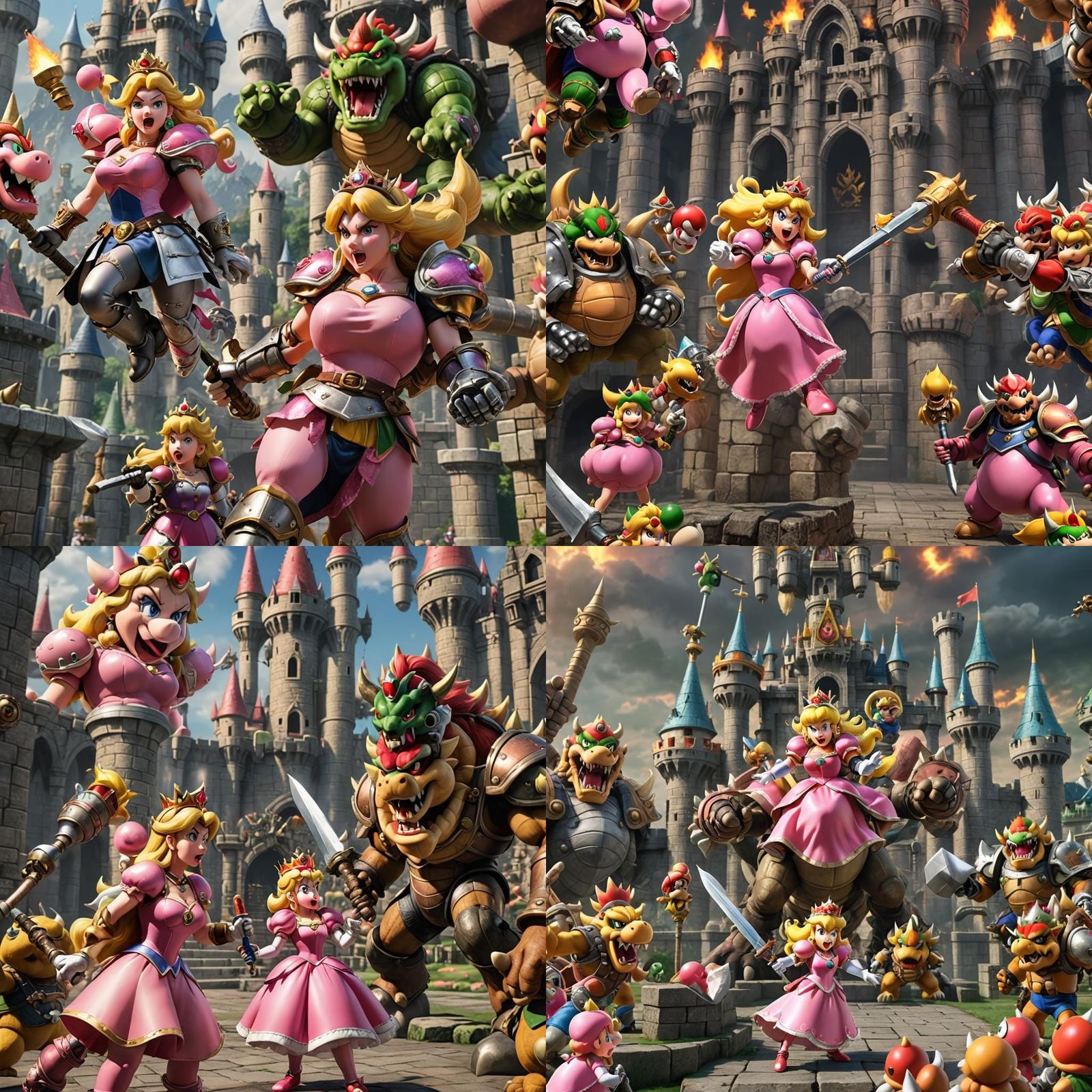 a collage of Princess Peach in a face to face combat with King Bowser ...