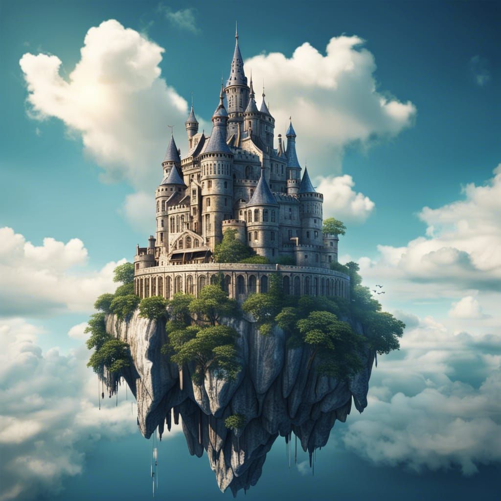 Futuristic mideval castle, floating island in the sky, p hotorealism ...