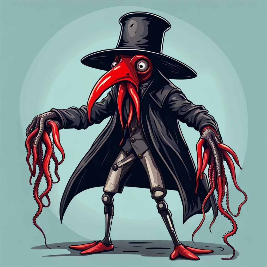 Squid holding on to plague doctor mask, pulling it away from its body ...