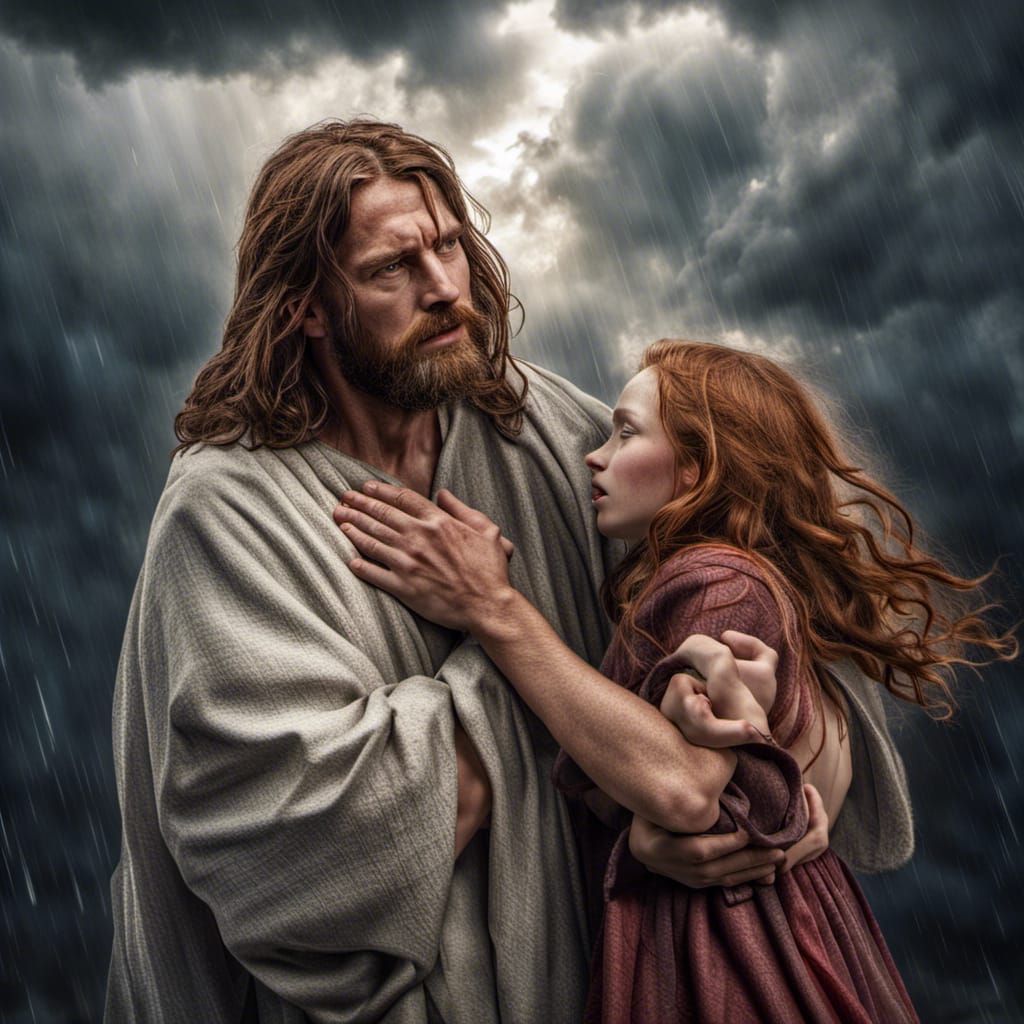 Jesus Christ protecting a young red headed girl from a violent storm ...
