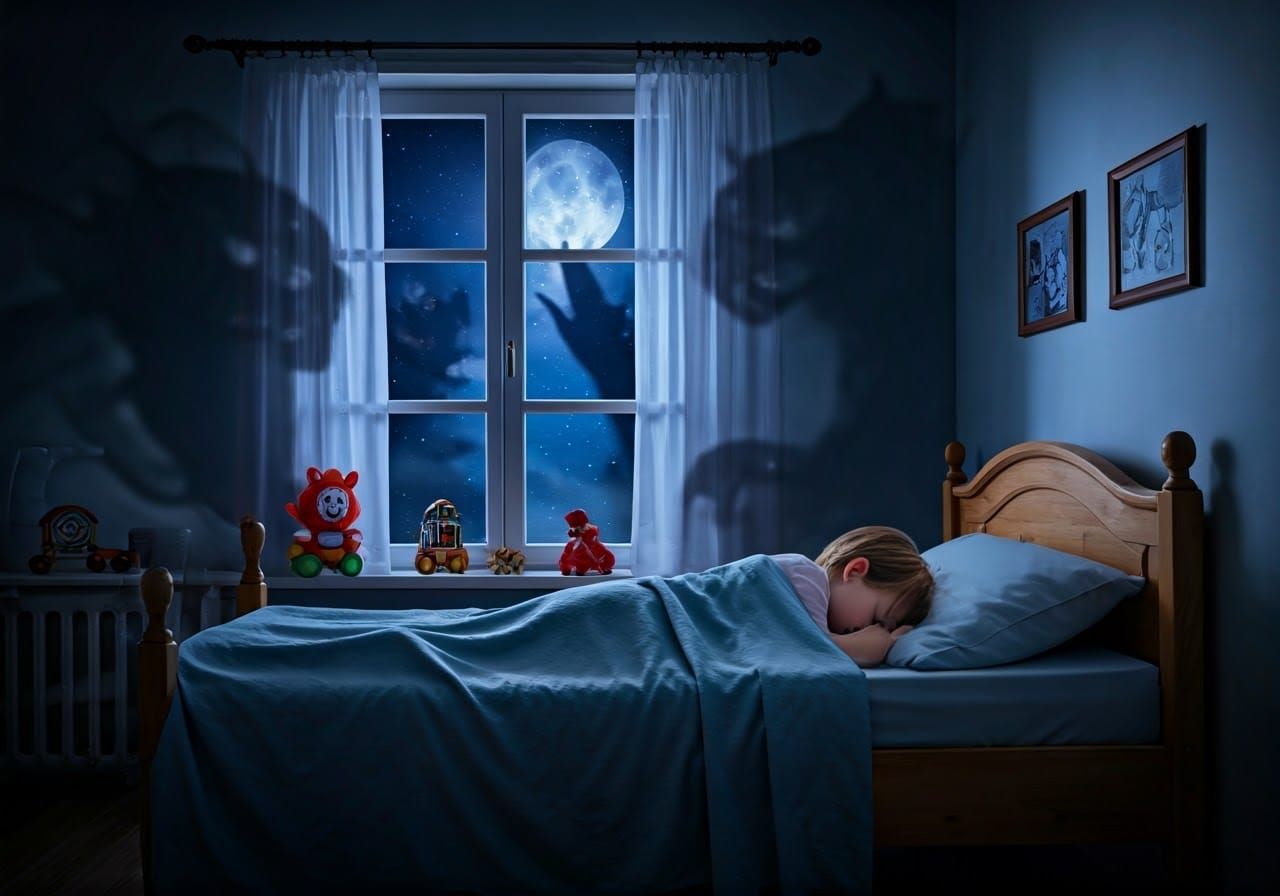 Child Surrounded by Lunar Shadows in a Haunted Bed... - AI Art