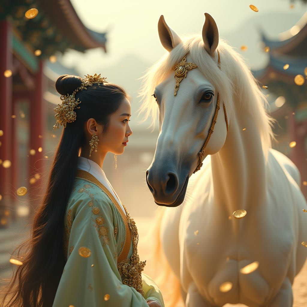 Korean Woman and White Stallion in Ornate Setting - AI Art