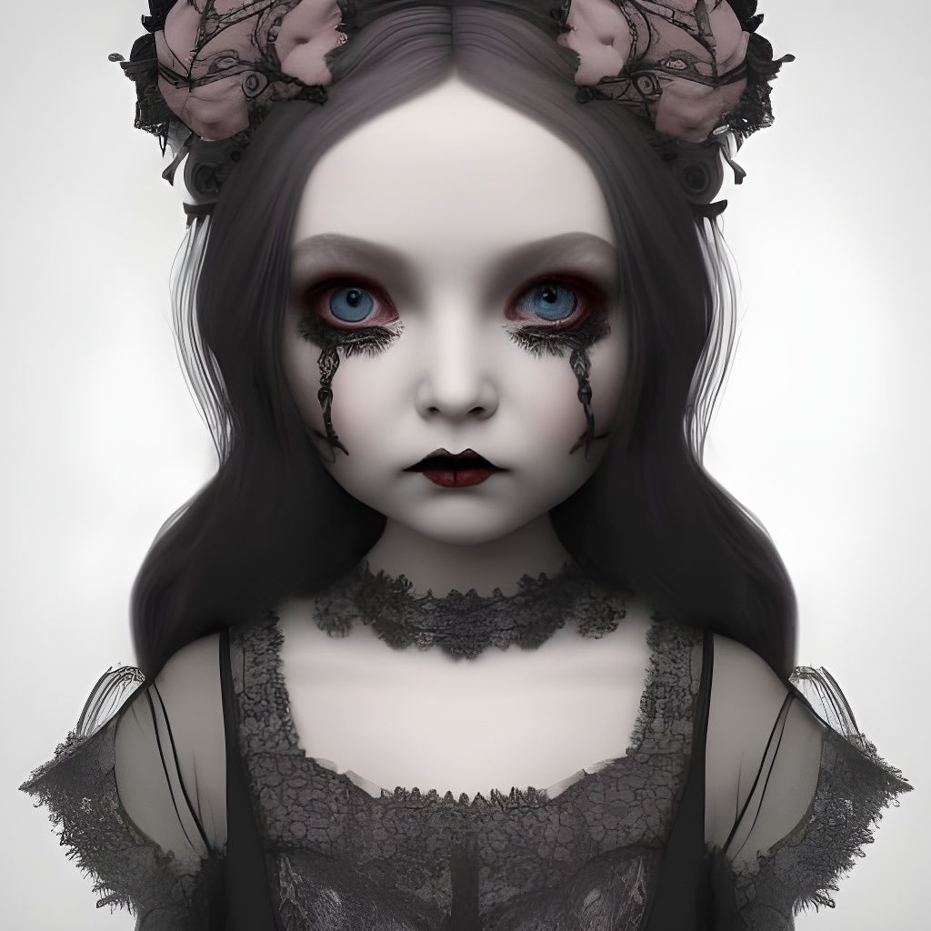 ""Face portrait of a gothic porcelain doll, big cute eyes, lace ...