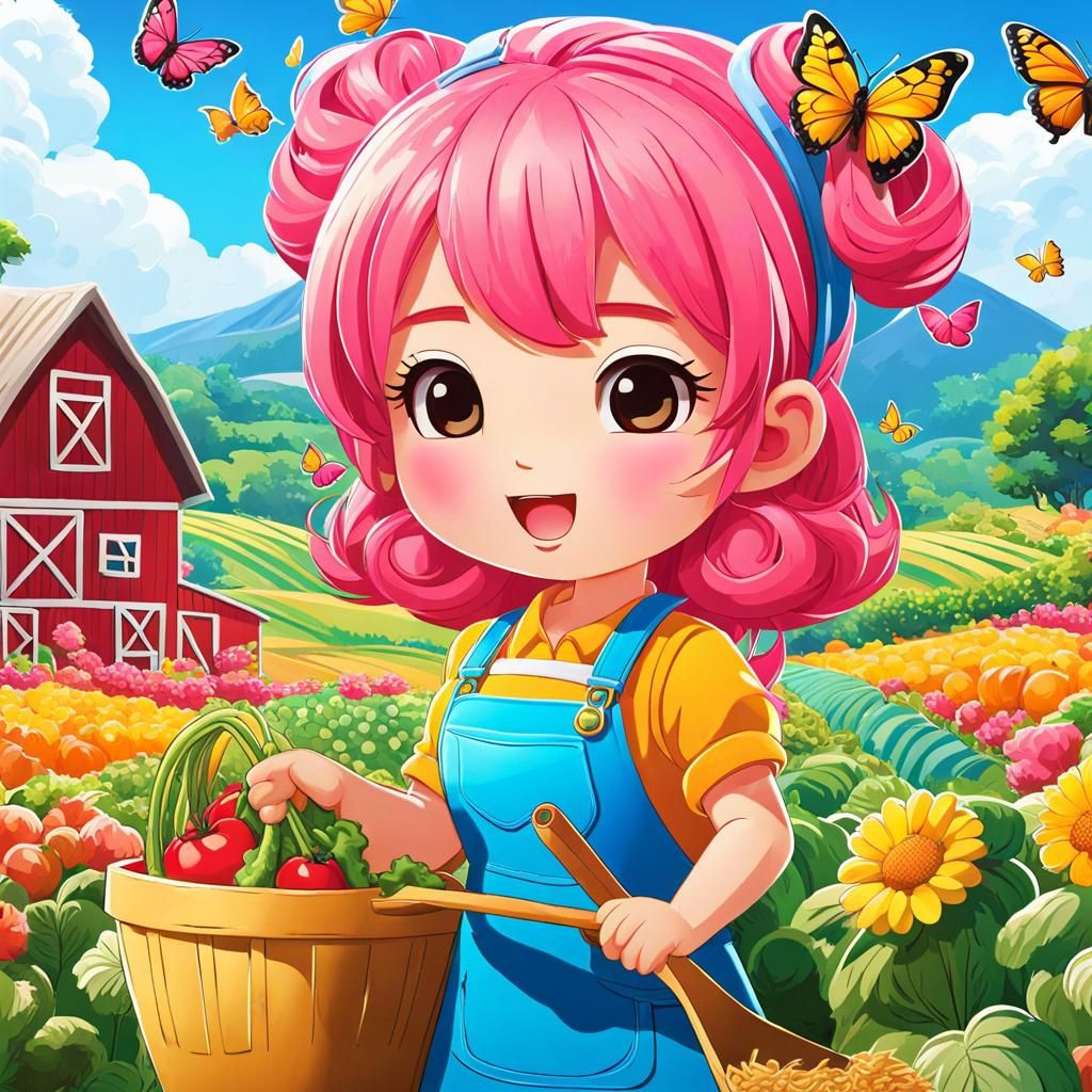 cute kawaii_girl doing farm work, beautiful cute kawaii vegetable ...