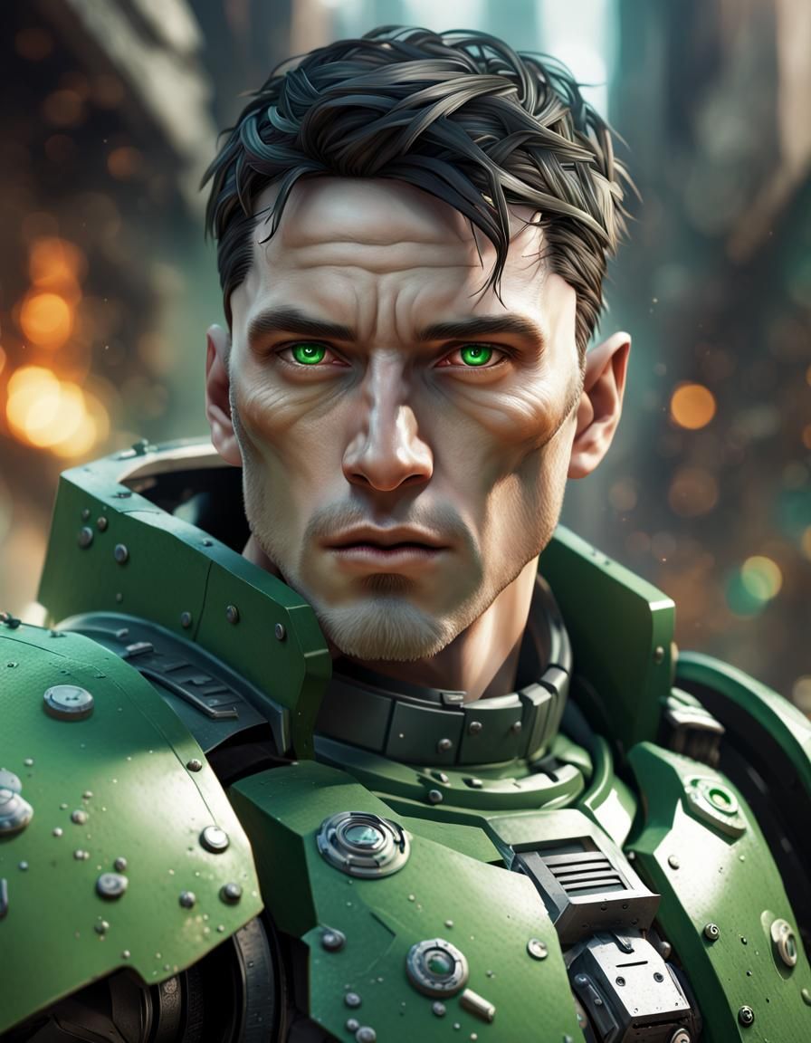 A male scifi soldier from 40k with black hair, white skin, green eyes ...