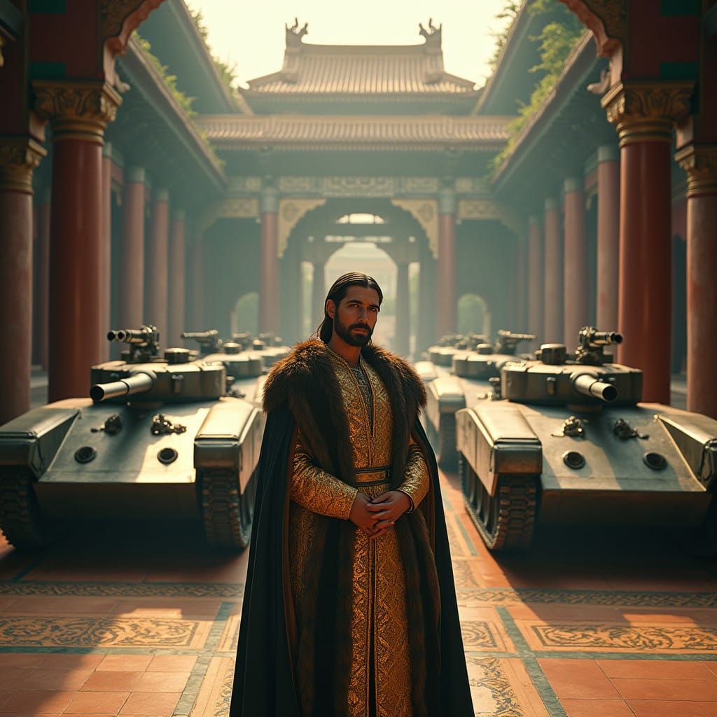 Ottoman Sultan Surrounded by Modern Tanks in Ancie... - AI Art