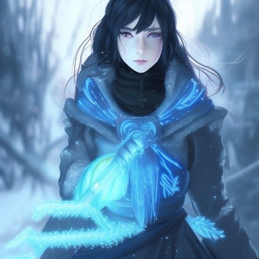 Frozen knight, black armor, long blue hair, Icicle as a weapon, blue eyes, woman head and ...