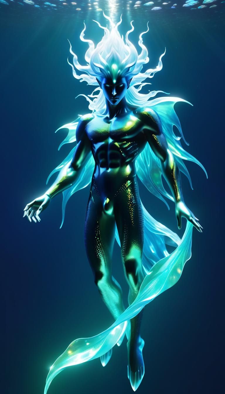 Mystical ethereal ghostly iridescent deep sea male water sprite - AI ...
