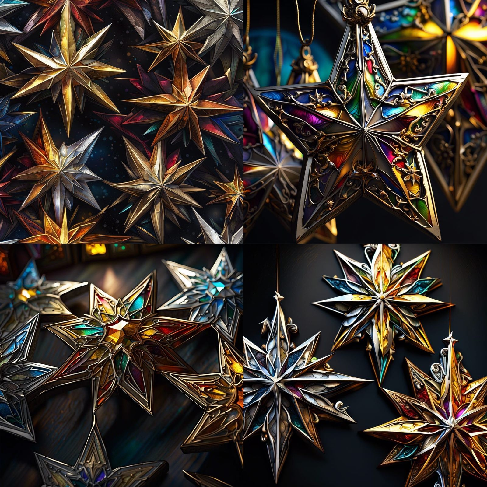 Individual intricate Star ornaments, some trimmed in silver and some ...