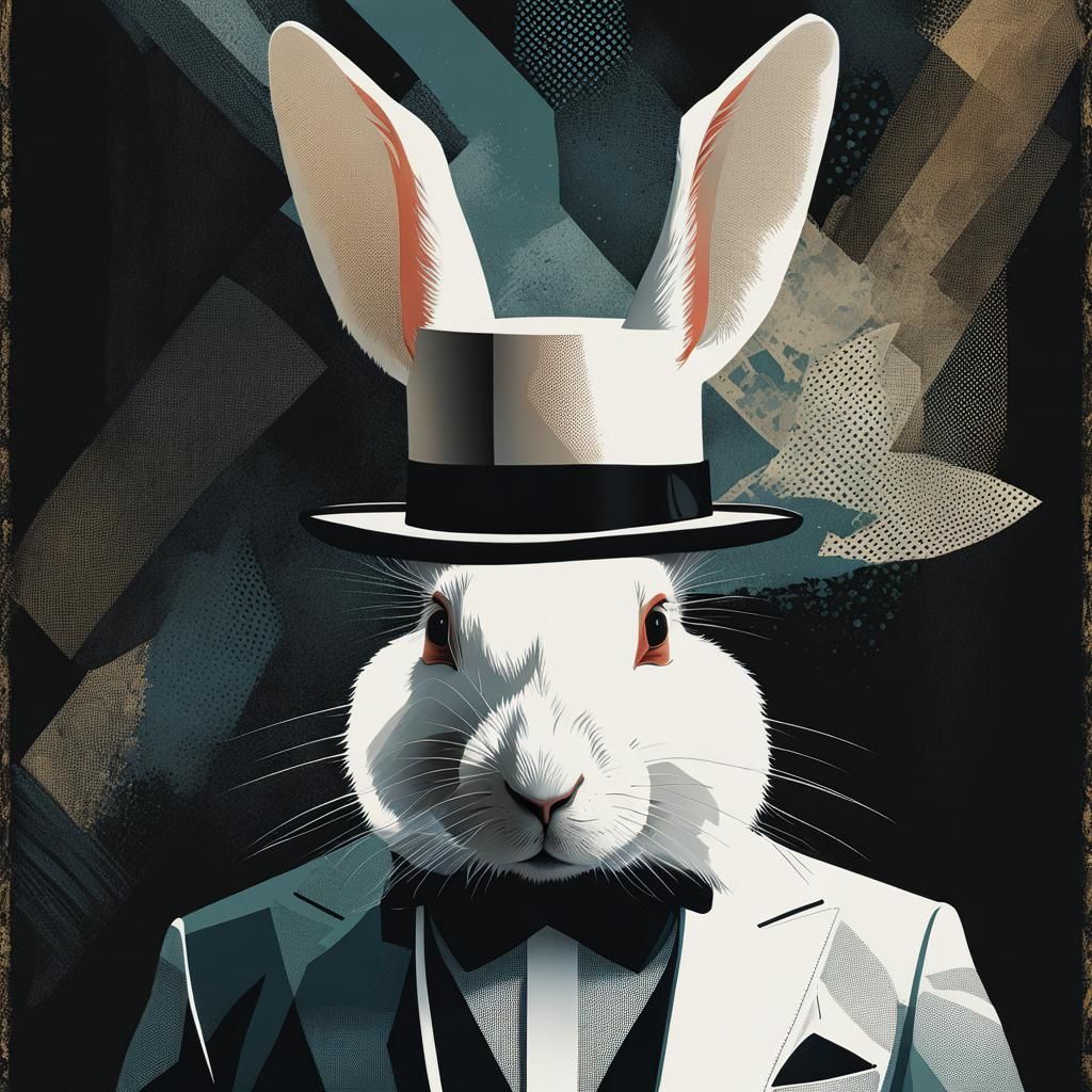 sophisticated white rabbit as a magician in a suit and zylinder hat ...