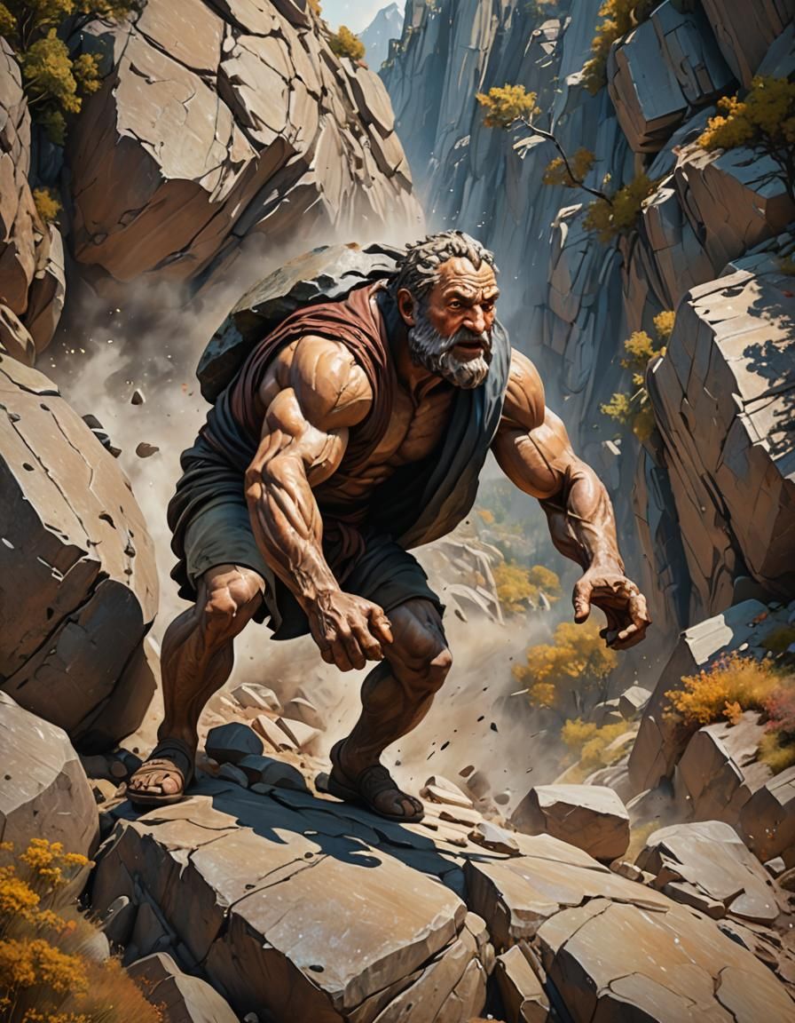 Sisyphus Struggles Uphill in Hyperrealistic, Vivid... - AI Art