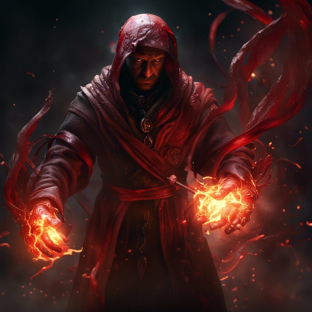 a wounded man wearing tattered robes with crimson motes around his head ...