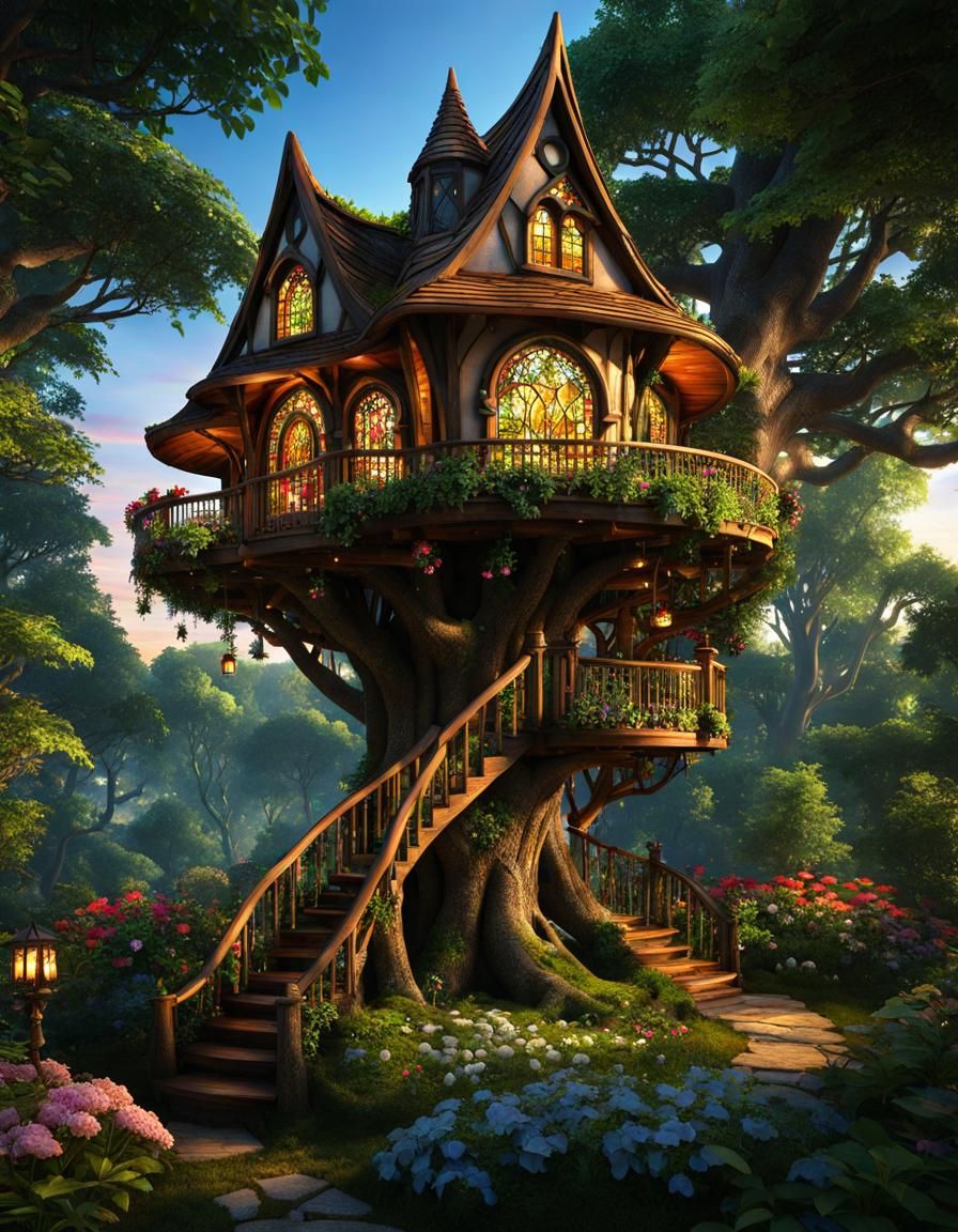 Stained Glass Treehouse - AI Generated Artwork - NightCafe Creator