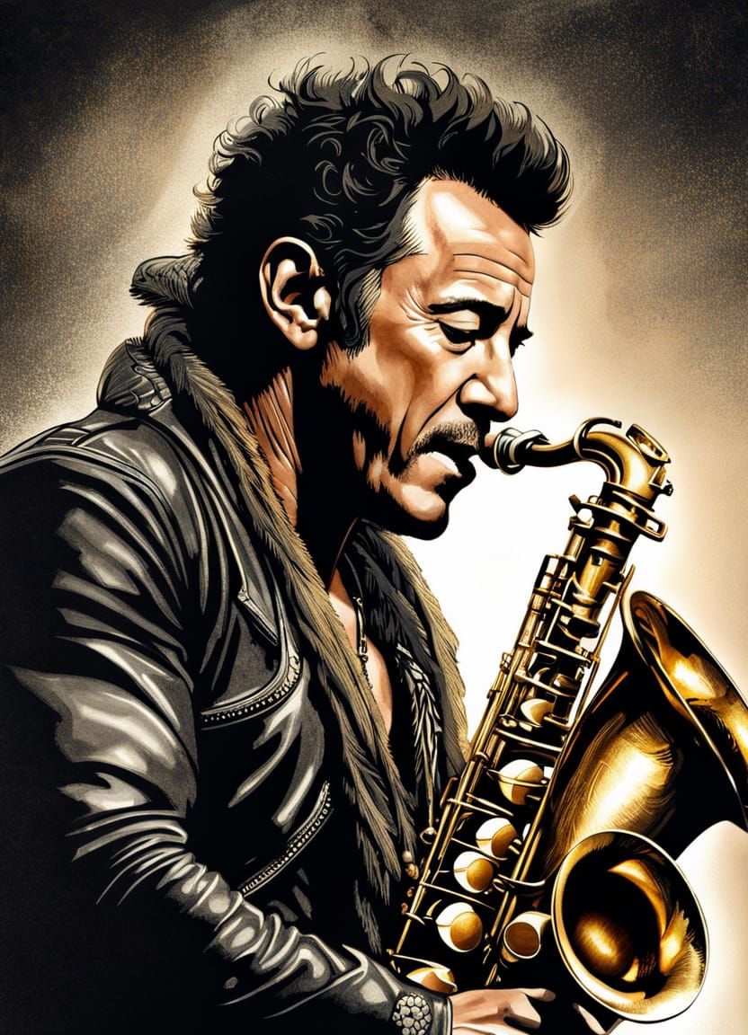 Bruce Springsteen playing a golden alto sax - AI Generated Artwork ...