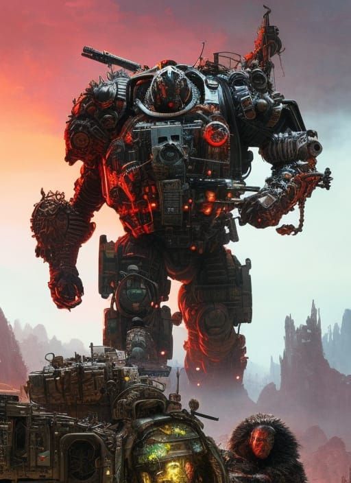 massive hulking partly human cyborg beast heavily armed and armored ...