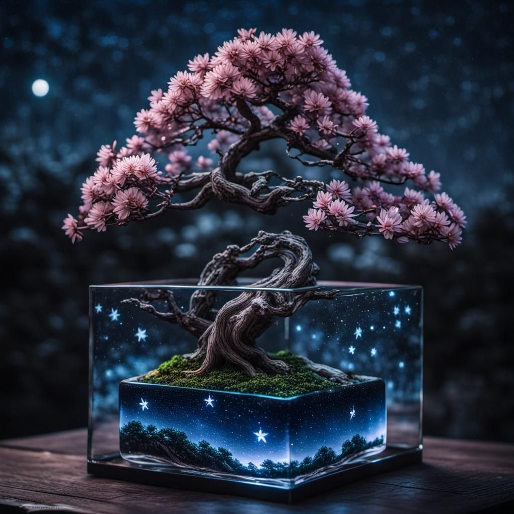 a sakura bonsai in a glass cube under a star filled night sky, starry ...