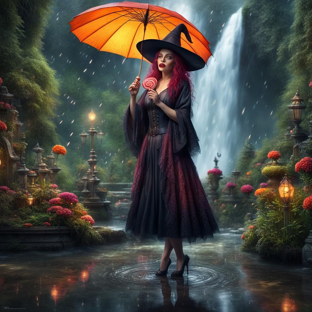 A Very Detailed Stunningly Beautiful Happy Witch, Holding An Umbrella ...