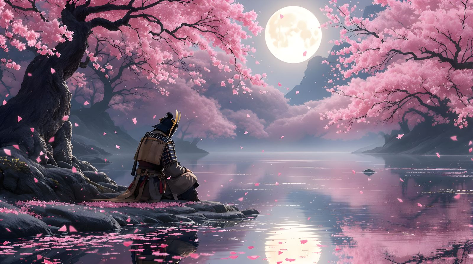 samurai - Ethereal Night Garden: Samurai in Serene Sakura Bl...