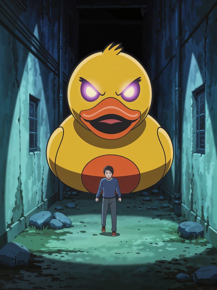 Menacing Rubber Duck Looms in Retro Horror Alley - AI Art