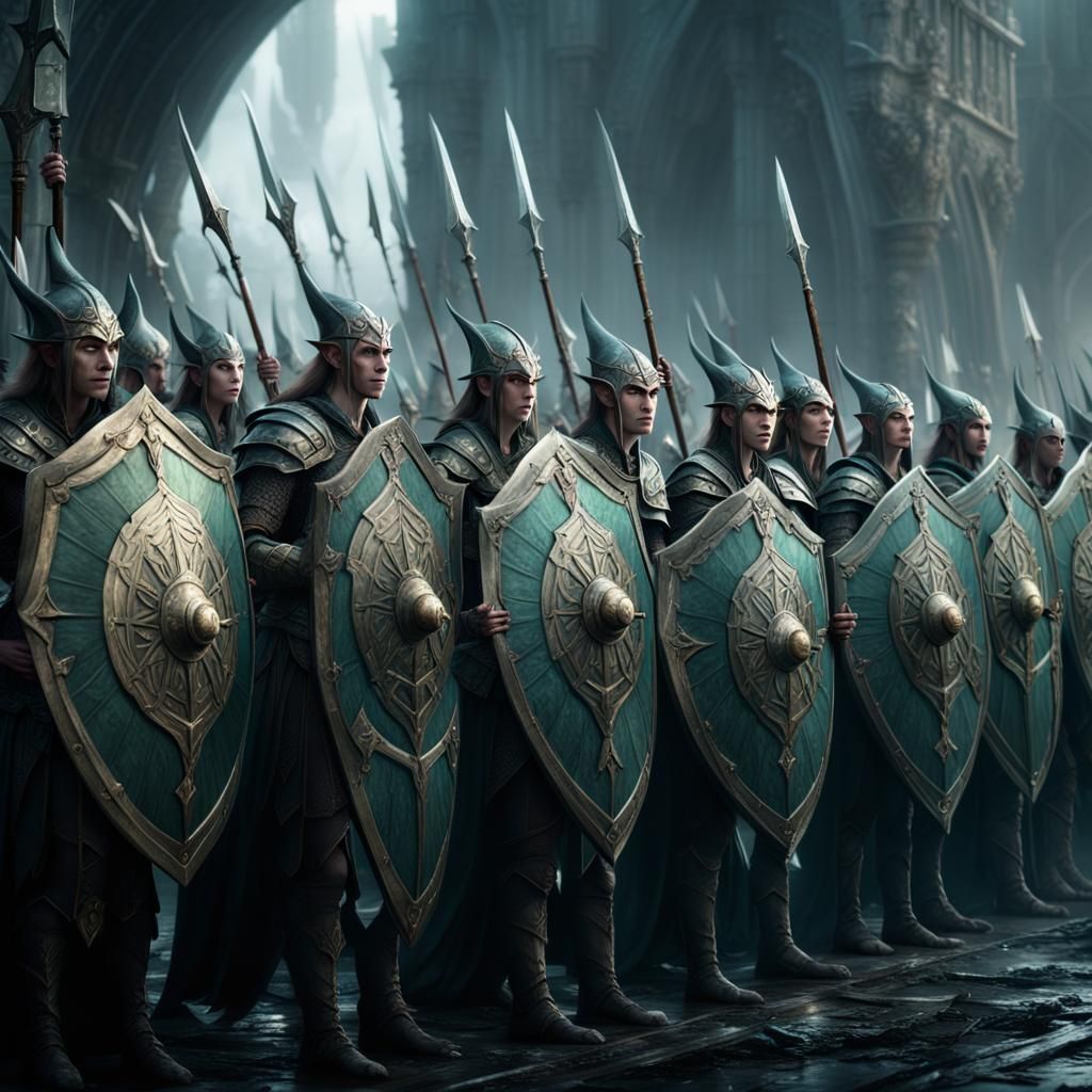 Row of elves with large shields - AI Generated Artwork - NightCafe Creator
