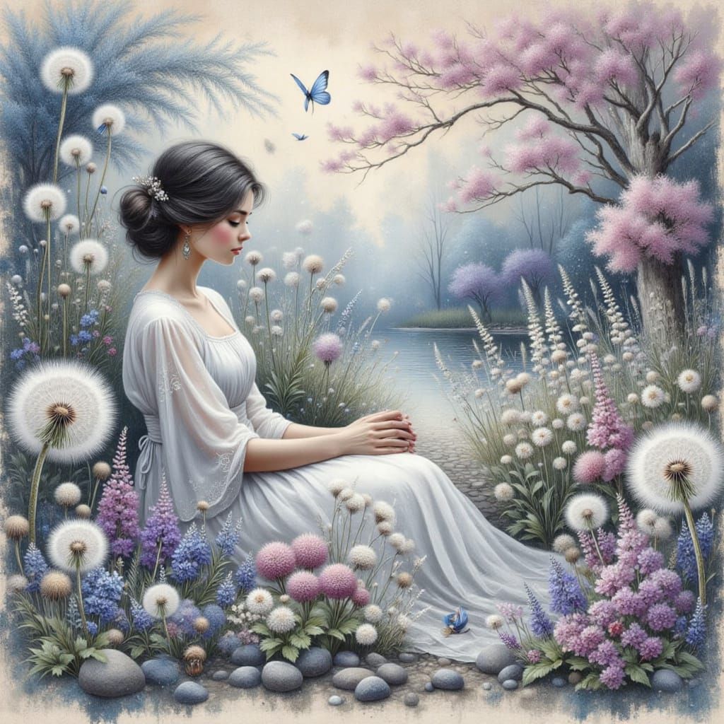 Surreal Mauve and Grey Zen Garden Scene with Dande... - AI Art