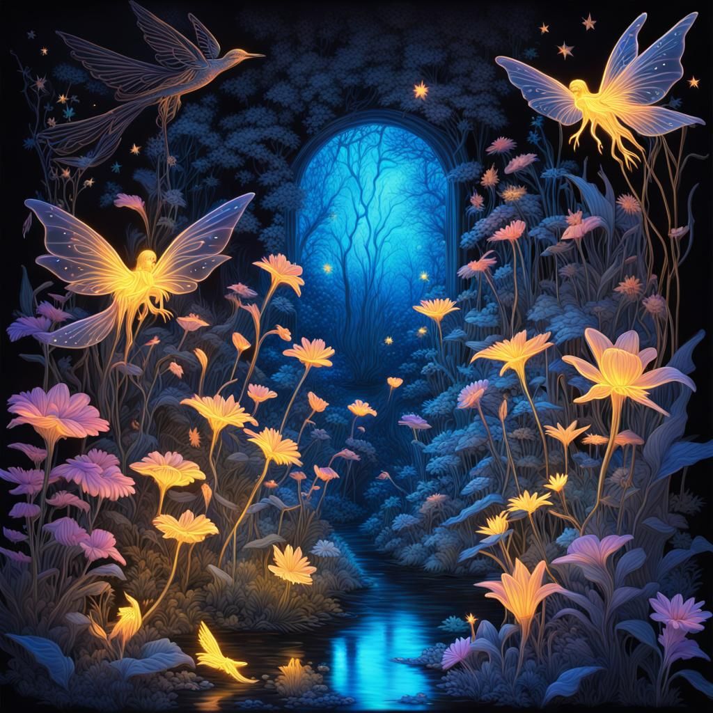 enchanted garden with glowing magical and bioluminescent Florencet ...