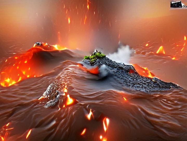 Unreal Engine Crocodile surfing on lava on erupting volcano - AI ...