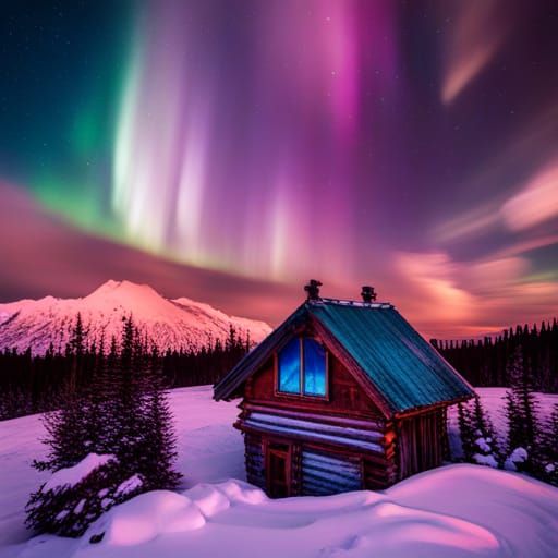 Mount Denali starscape Alaska aurora cabin, matte painting; maximalism ...