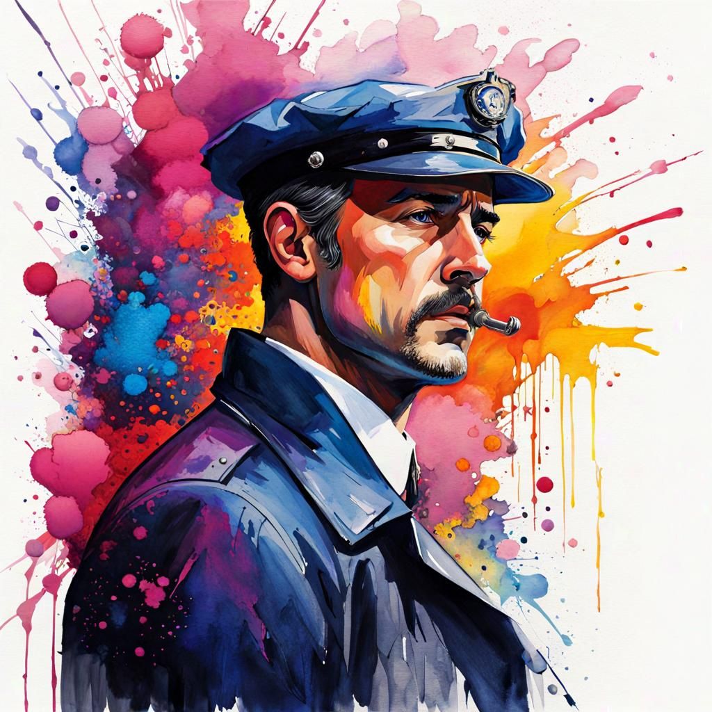 Detective in Dramatic Watercolour Scene - AI Art