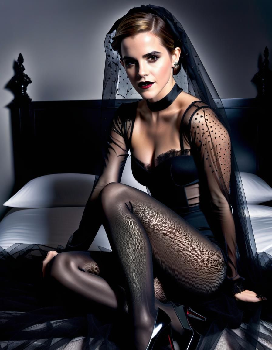 Emma Watson, extremely transparent sheer black bodystocking, show full body, intricate details ...