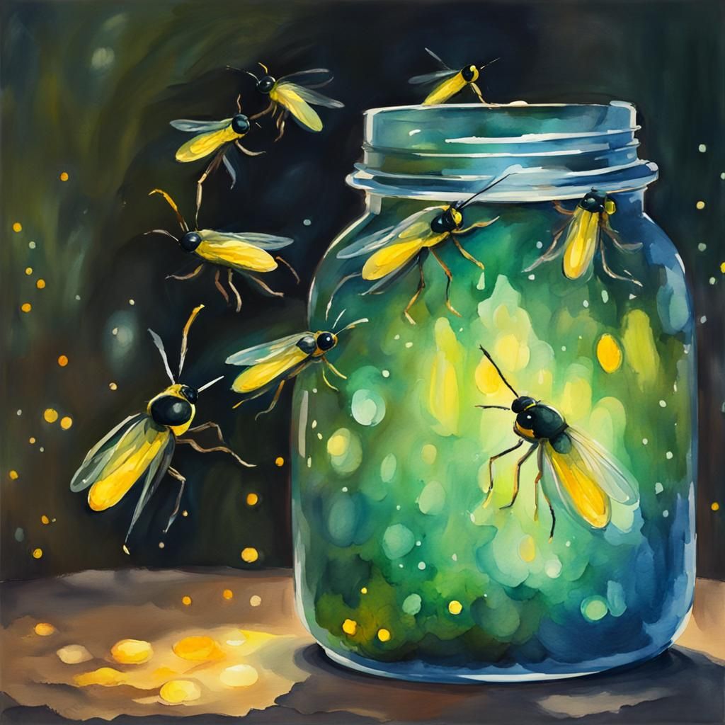 Watercolor fireflies in a jar - AI Generated Artwork - NightCafe Creator