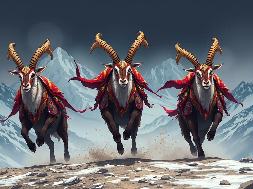 Majestic Mountain Goats Charge in Red and Gold Arm... - AI Art