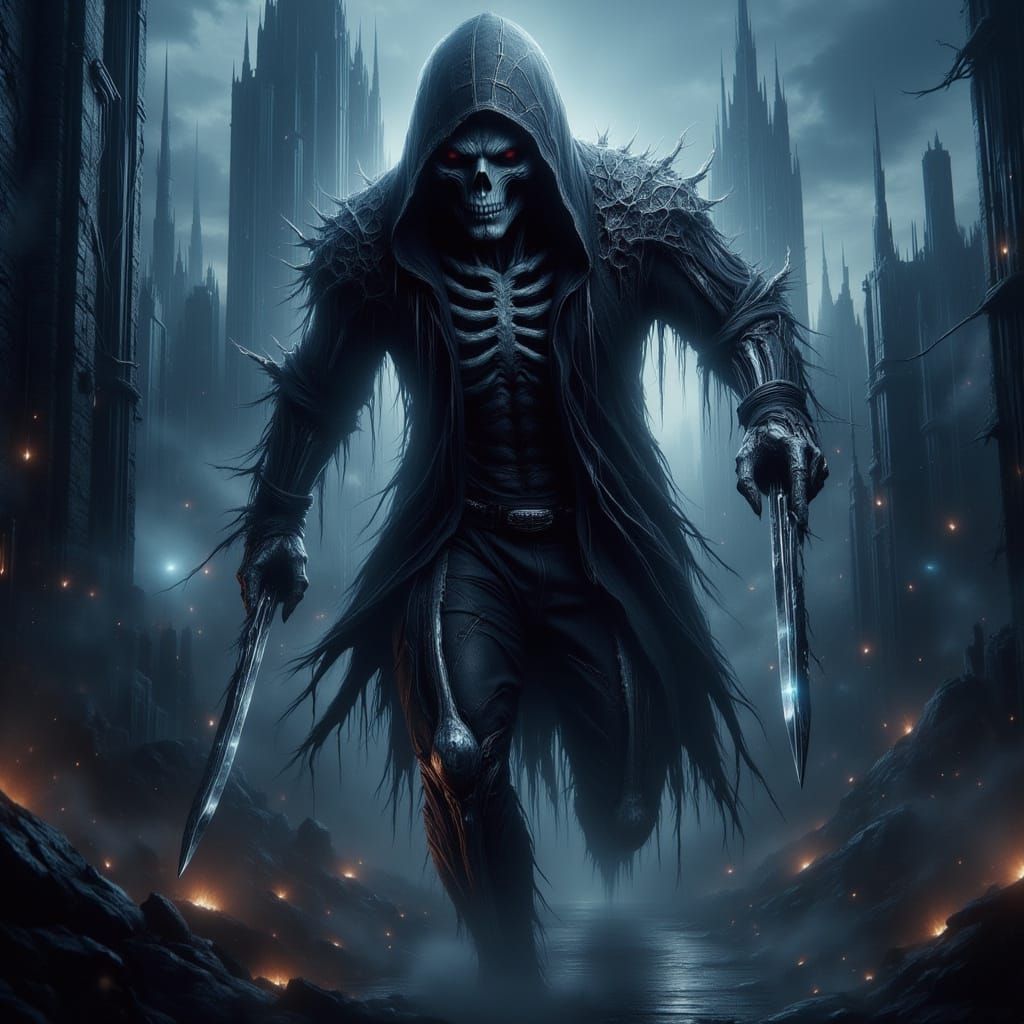 Skeleton Assassin Leaps from Rooftop in Dark Futur... - AI Art