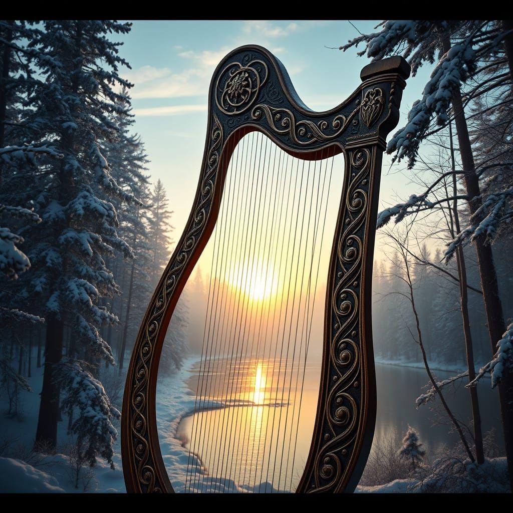 Ancient Irish Harp in Winter Pine Forest - AI Art