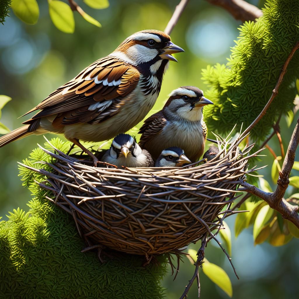 Traditional sparrows nest in a tree on summer day. Mother sparrow feeding her three chicks ...