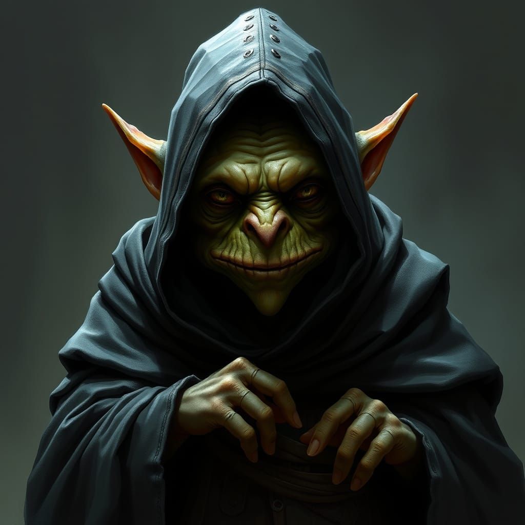 Goblin adjudicator wearing dark hooded cloak 2