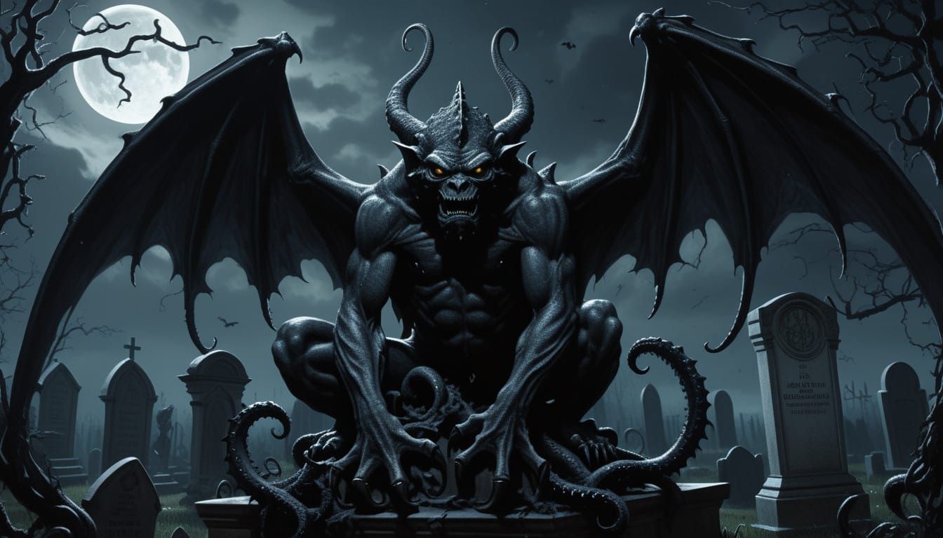 a black gargoyle with tentacles and claws surrounded by tentacles, paws ...