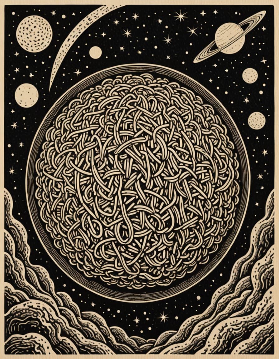 Cosmic Woodcut Infinity of Dirty Rice - AI Art
