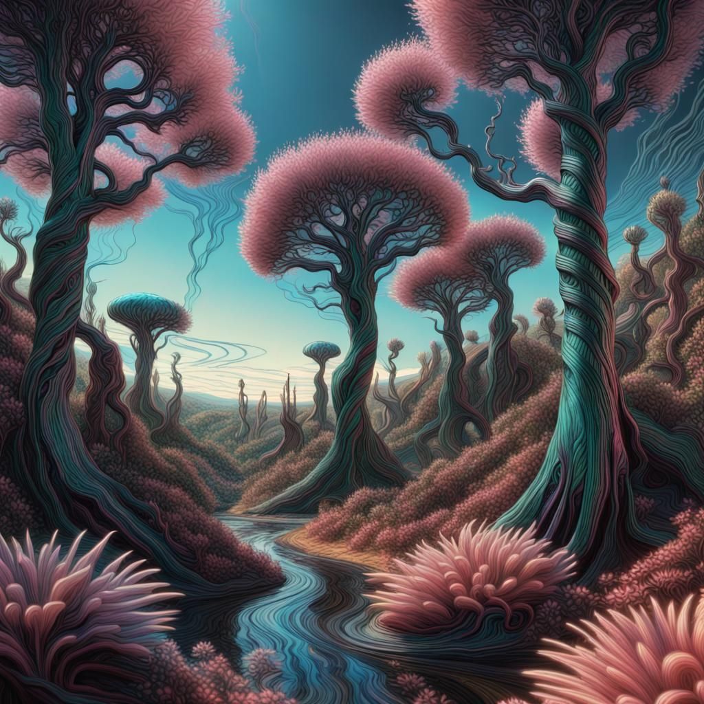 Xenomorphic punk glass Xlandscape resembling Xanadu, Xylographic trees ...