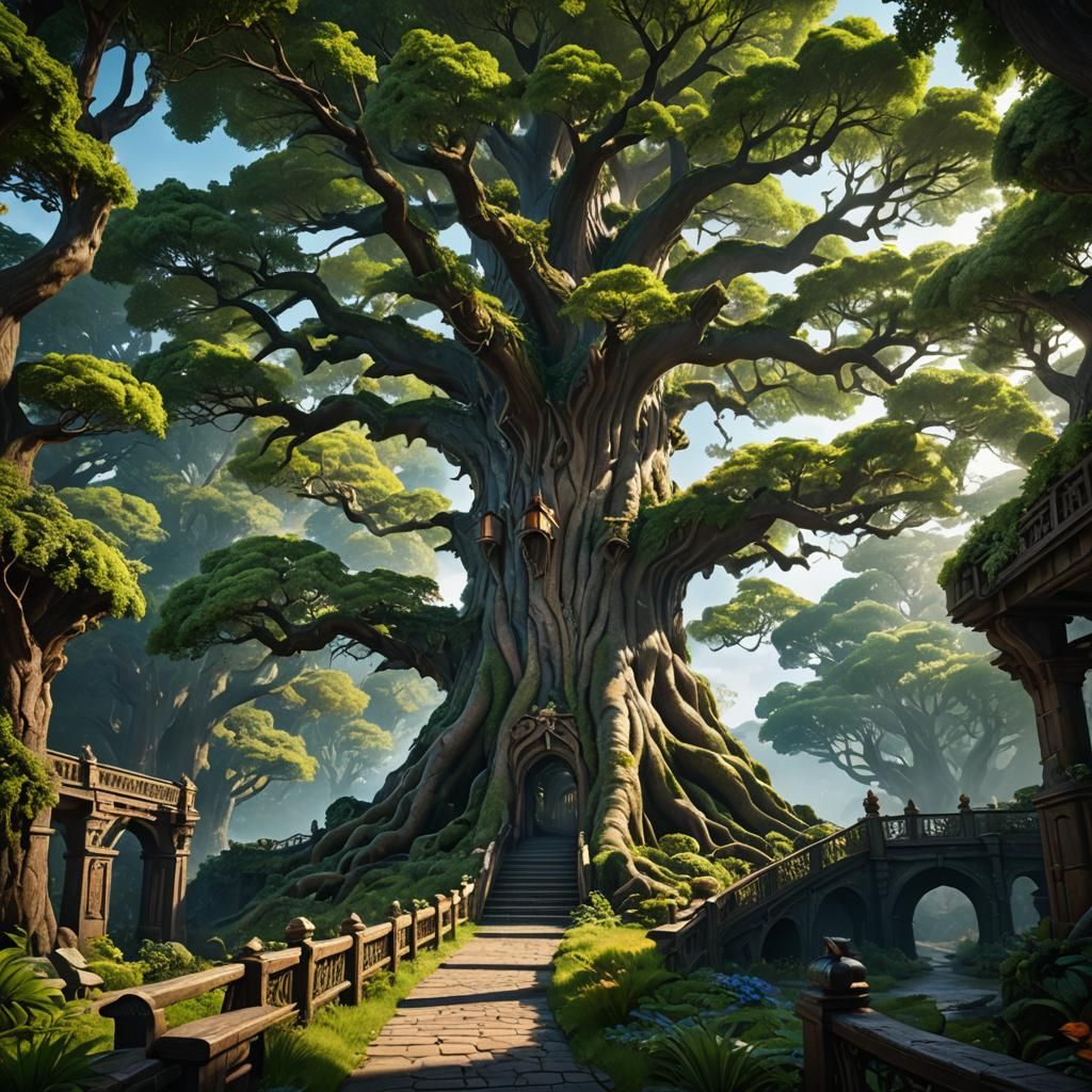 A gargantuan tree with a walkway that wraps along the side of it up to ...