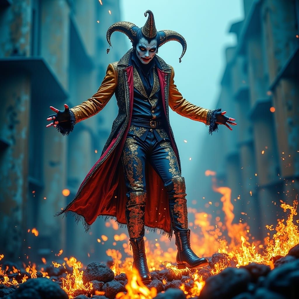Cyberpunk Jester Dances on Hot Coals in a Gritty U... - AI Art