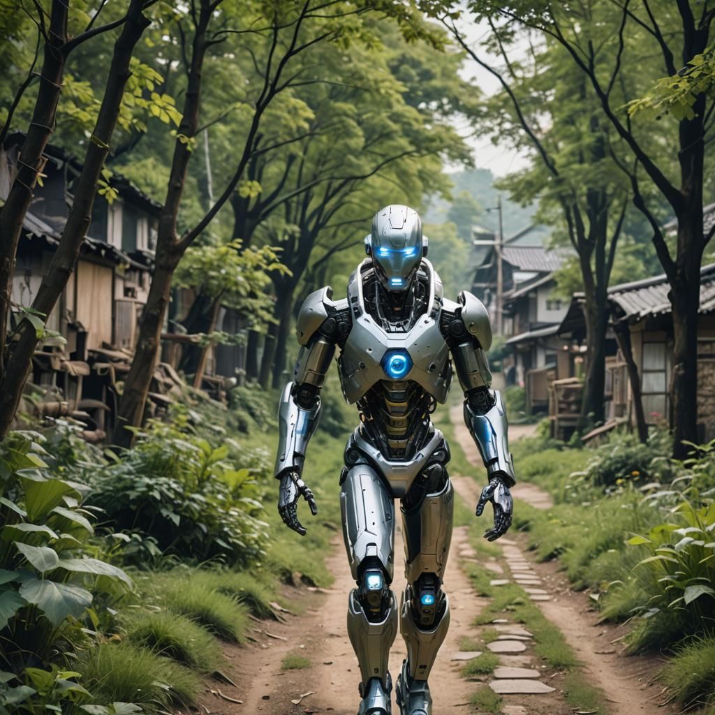 A cyborg in the village full of nature cyborg walking like a human male ...