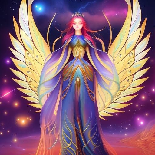 An insanely hyperdetailed stunning breathtaking painting of a celestial being floating in a sea ...