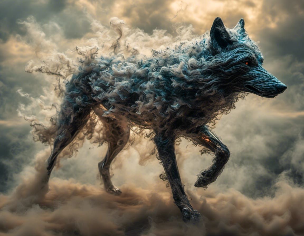 A prowling wolf made out of ethereal dissipating smoke, in a shiny ...