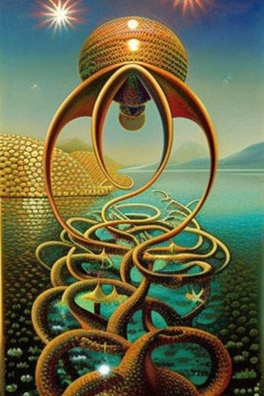 by artist "vladimir kush",retrofuturism, pointillism, octopus, 8k ...