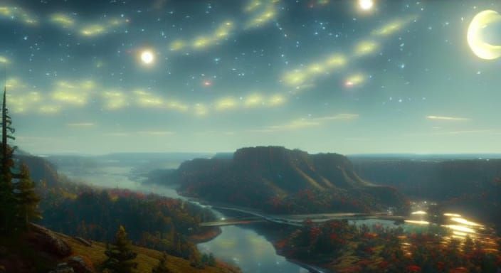 Thomas Kinkade: stunning starry night sky over a small American town ...