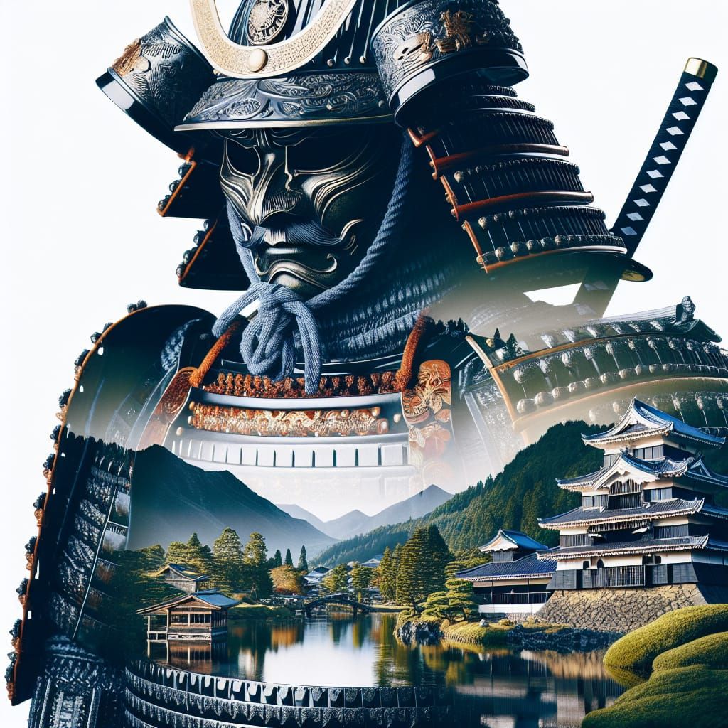 Double exposure of feudal japan within the head of an intricately ...
