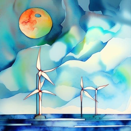 wind turbines ocean moon watercolor abstract colorful cubism - AI ...