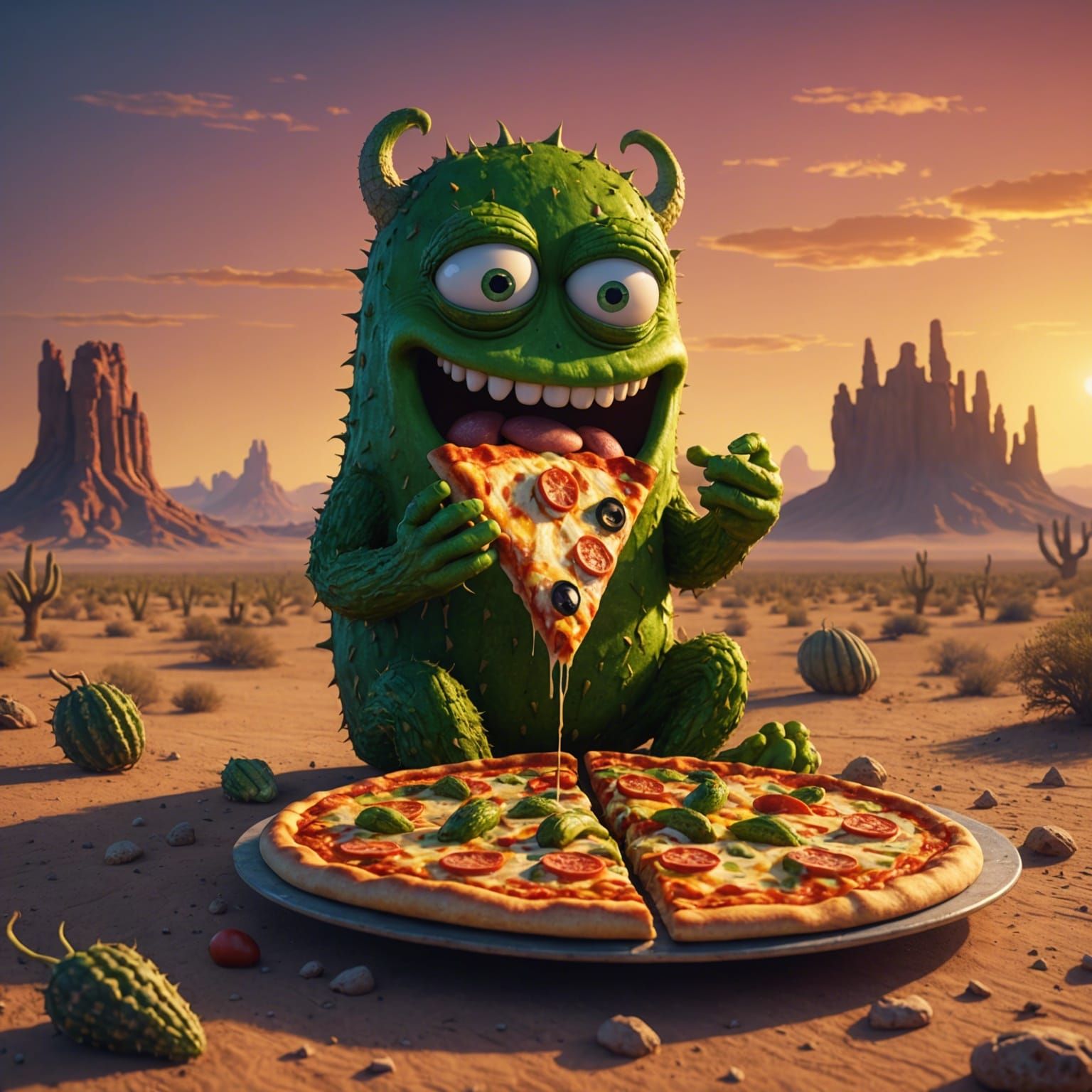 monster pickle eating a pizza watching the sunrise in the dessert - AI ...