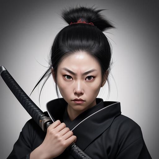 Female SAMURAI ninja, without mask, showing perfect chin, symmetrical ...